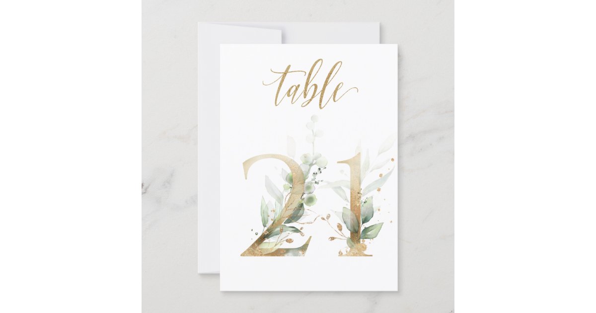 Watercolor Green & Gold Foliage, Table Number 21 | Zazzle