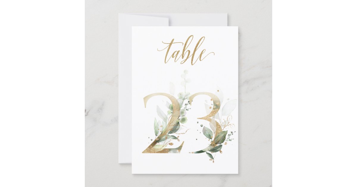 Watercolor Green & Gold Foliage, Table Number 23 | Zazzle