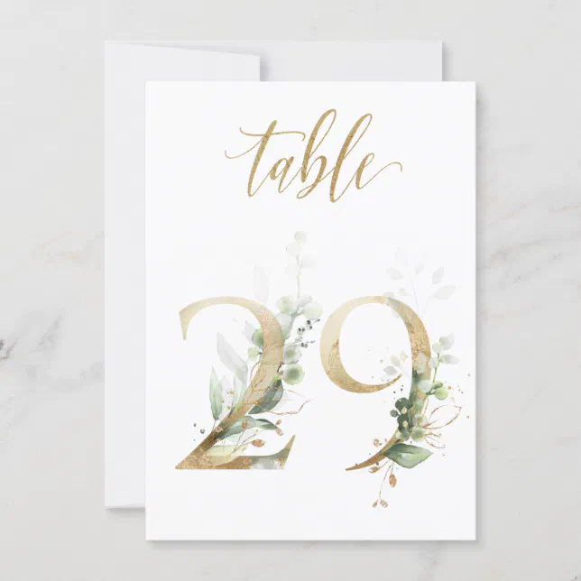 Watercolor Green & Gold Foliage, Table Number 29 | Zazzle