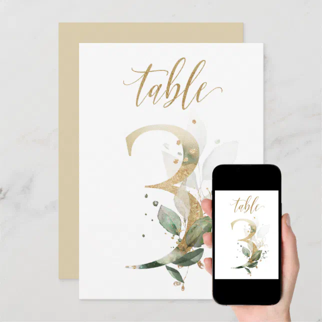 Watercolor Green & Gold Foliage, Table Number 3 | Zazzle