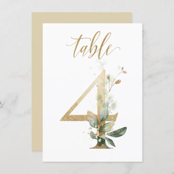 Watercolor Green & Gold Foliage, Table Number 4 | Zazzle