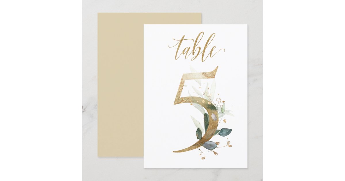 Watercolor Green & Gold Foliage, Table Number 5 | Zazzle