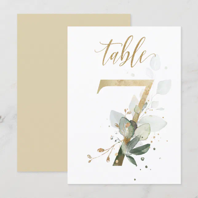 Watercolor Green & Gold Foliage, Table Number 7 | Zazzle
