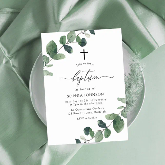 Watercolor Green Leaf Baptism Cross Invitation | Zazzle