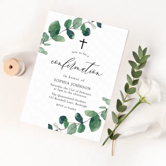 Watercolor Green Leaf Confirmation Invitation | Zazzle