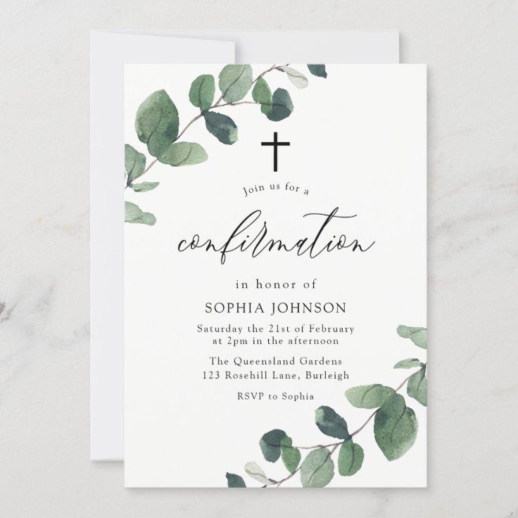 Watercolor Green Leaf Confirmation Invitation | Zazzle