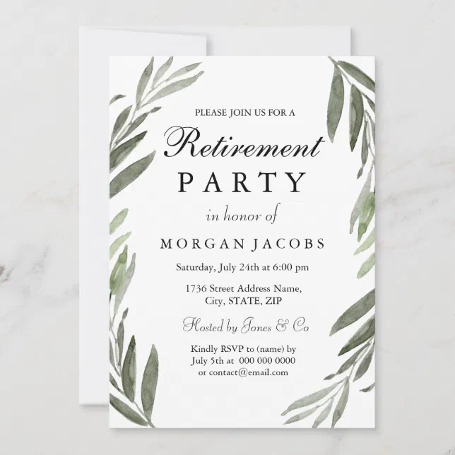 Watercolor Green Leaf Retirement Party Invitation | Zazzle