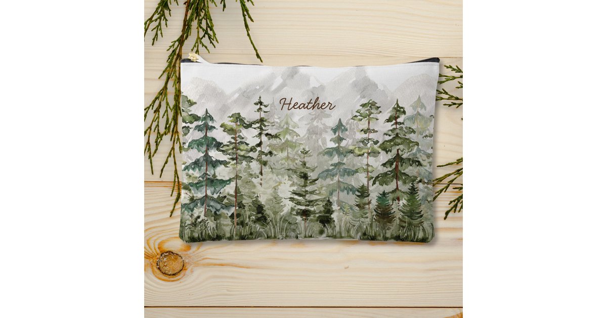 Watercolor Green Pine Forest on Mountain Accessory Pouch | Zazzle