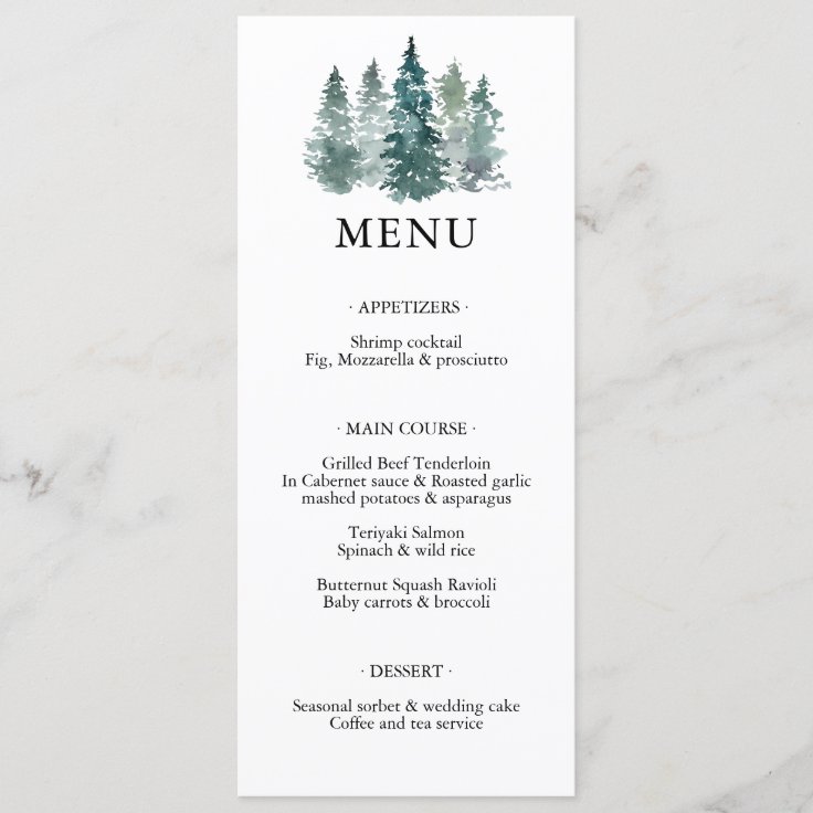 Watercolor Green Pine Spruce Trees Wedding MENU | Zazzle