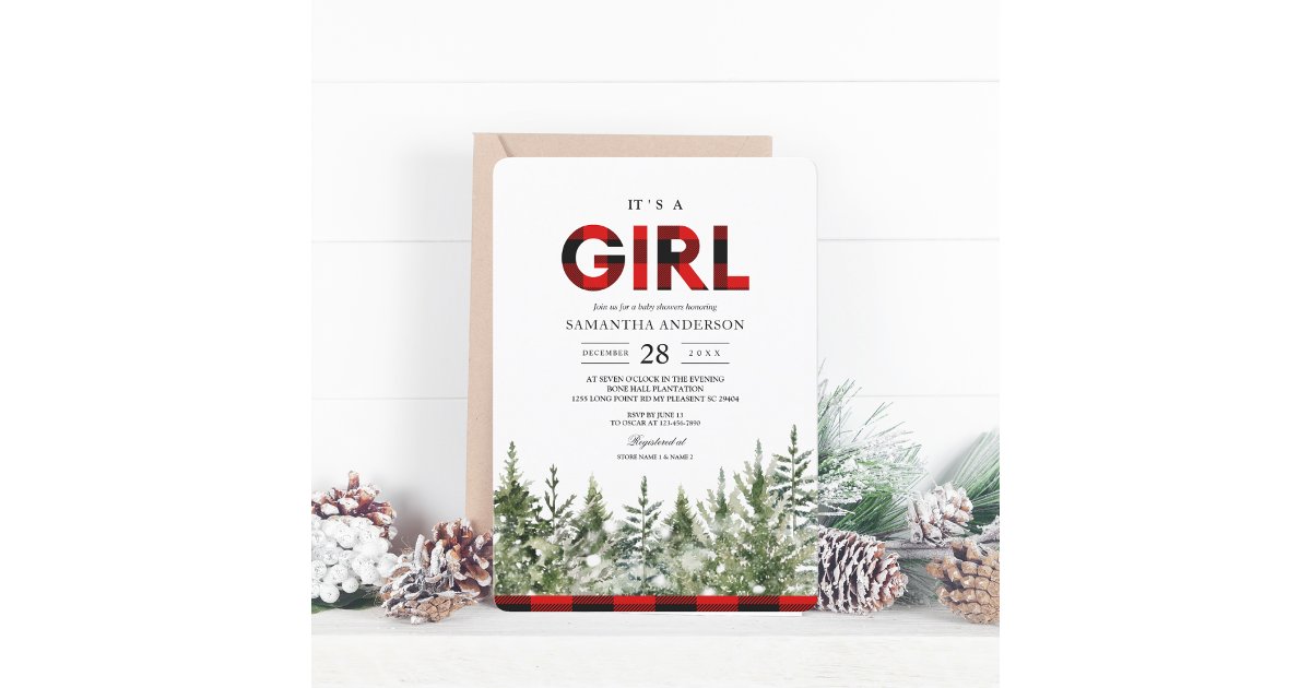 Watercolor Green Pine Tree & Red Buffalo Plaid In Invitation | Zazzle