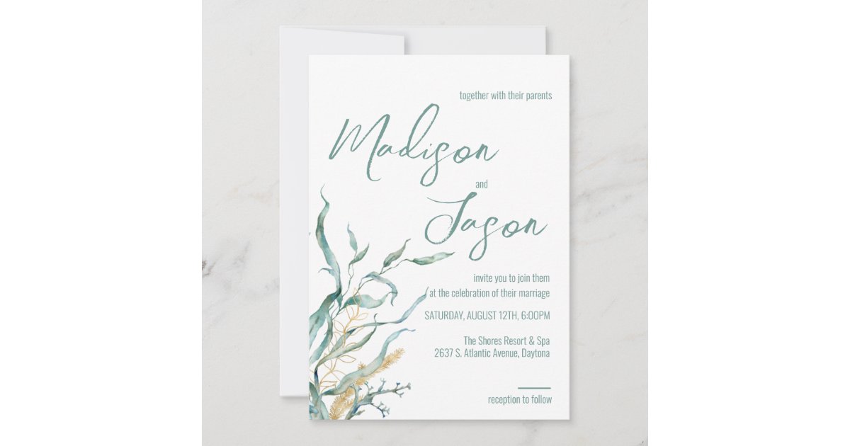 Watercolor Green Seaweed Beach Wedding Invitations | Zazzle