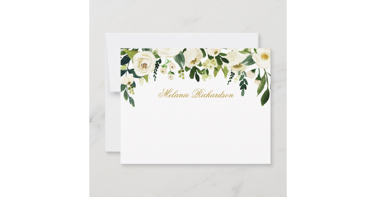 Watercolor Green White Floral Personalized Gold Note Card | Zazzle