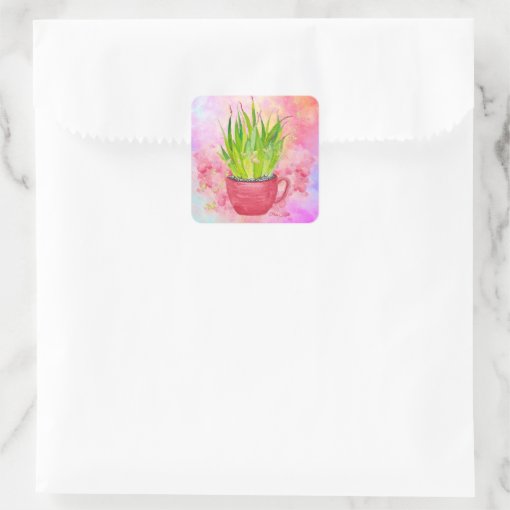 Watercolor Green with Pink Tips Succulent Square Sticker | Zazzle