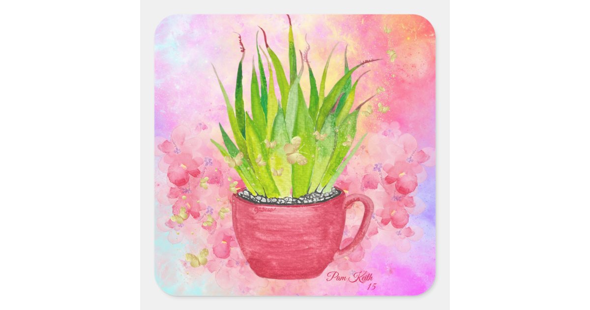 Watercolor Green with Pink Tips Succulent Square Sticker | Zazzle