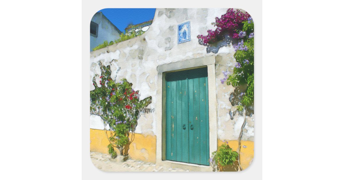 Watercolor green wooden door square sticker | Zazzle