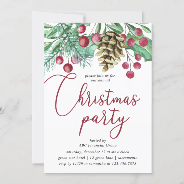 Watercolor Greenery And Berries Christmas Party Invitation | Zazzle