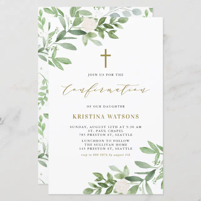 Watercolor Greenery and Flowers Confirmation | Zazzle