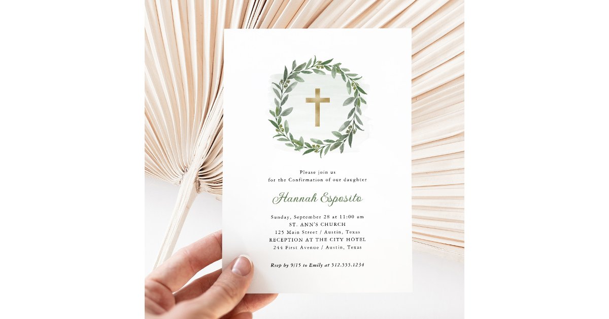 Watercolor Greenery and Gold Cross | Confirmation Invitation | Zazzle