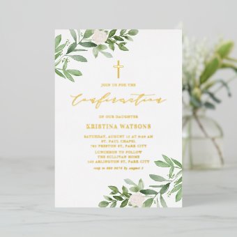 Watercolor Greenery and White Flowers Confirmation Foil Invitation | Zazzle