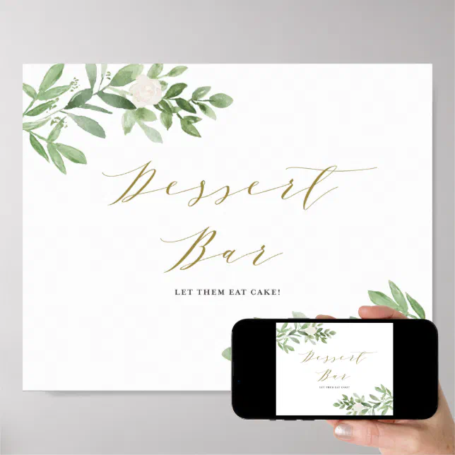 Watercolor Greenery and White Flowers Dessert Bar Poster | Zazzle