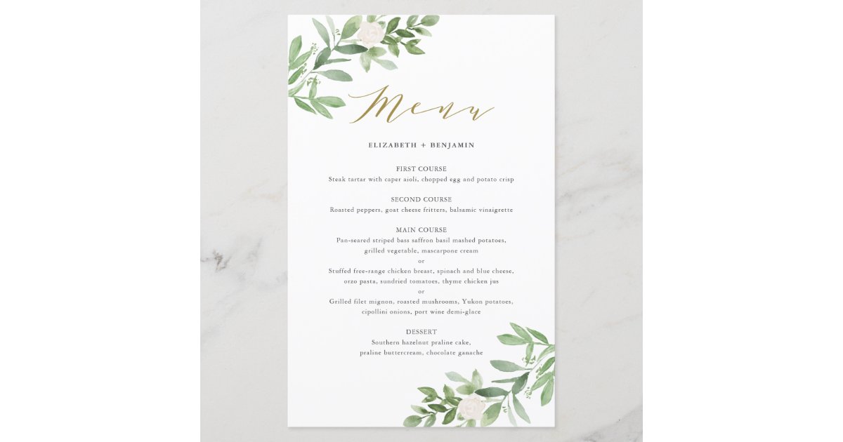 Watercolor Greenery and White Flowers Menu Card | Zazzle