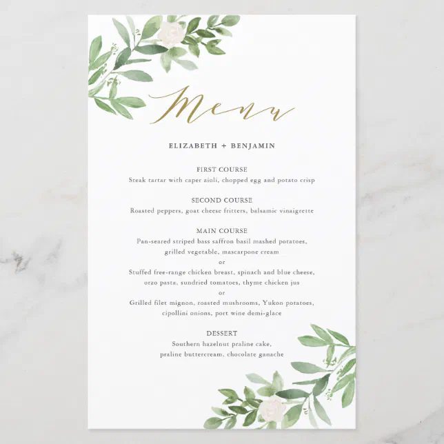 Watercolor Greenery and White Flowers Menu Card | Zazzle