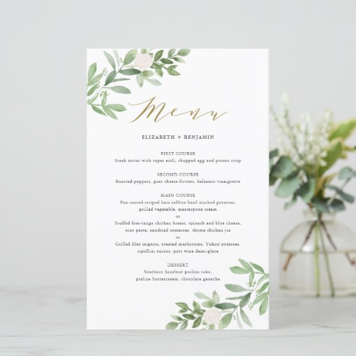 Watercolor Greenery and White Flowers Menu Card | Zazzle