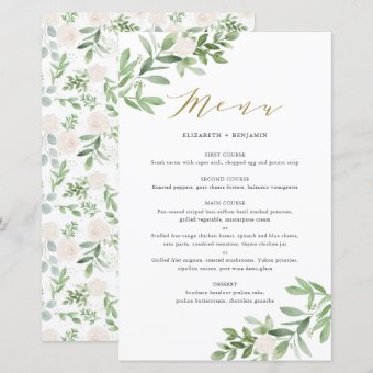 Watercolor Greenery and White Flowers Menu Card | Zazzle