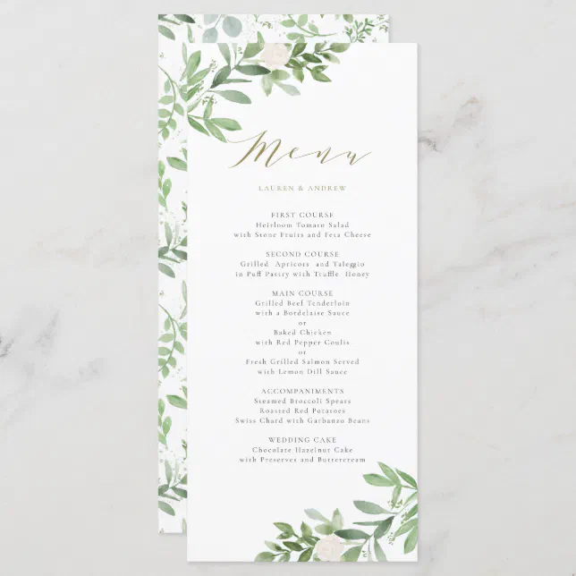 Watercolor Greenery and White Flowers Wedding Menu | Zazzle