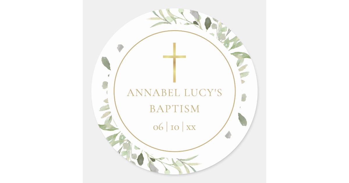 Watercolor Greenery Baptism Christening Classic Round Sticker | Zazzle.com Watercolor Greenery Baptism Christening Classic Round Sticker | Zazzle.com