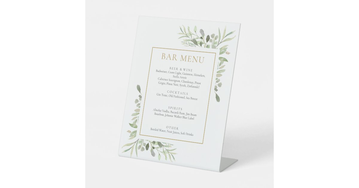 Watercolor Greenery Bar Menu Pedestal Sign | Zazzle