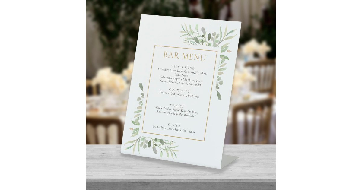 Watercolor Greenery Bar Menu Pedestal Sign | Zazzle