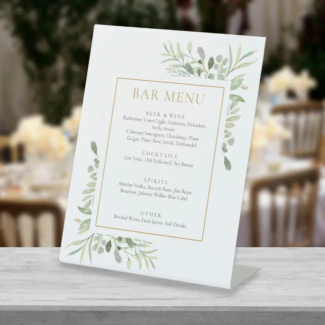 Watercolor Greenery Bar Menu Pedestal Sign | Zazzle