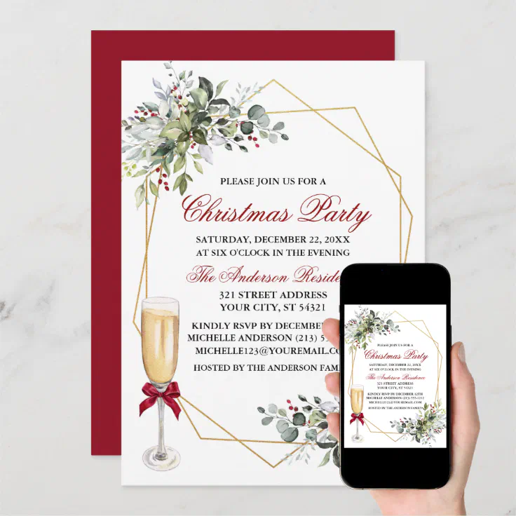 Watercolor Greenery Berries Christmas Party Glass Invitation | Zazzle
