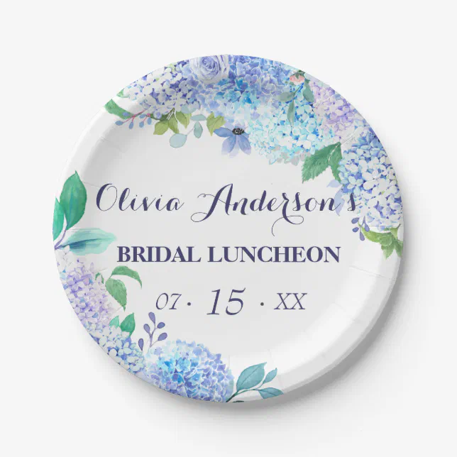 Watercolor Greenery Blue Hydrangea Bridal Luncheon Paper Plates | Zazzle