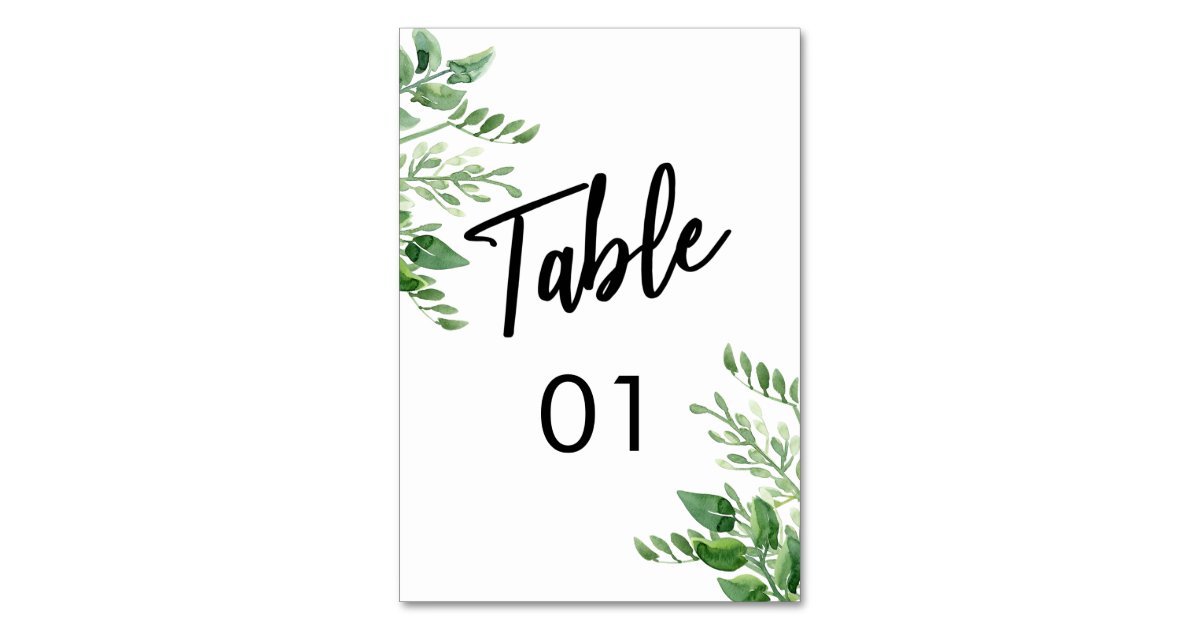 Watercolor Greenery, Casual Handwriting Typography Table Number | Zazzle