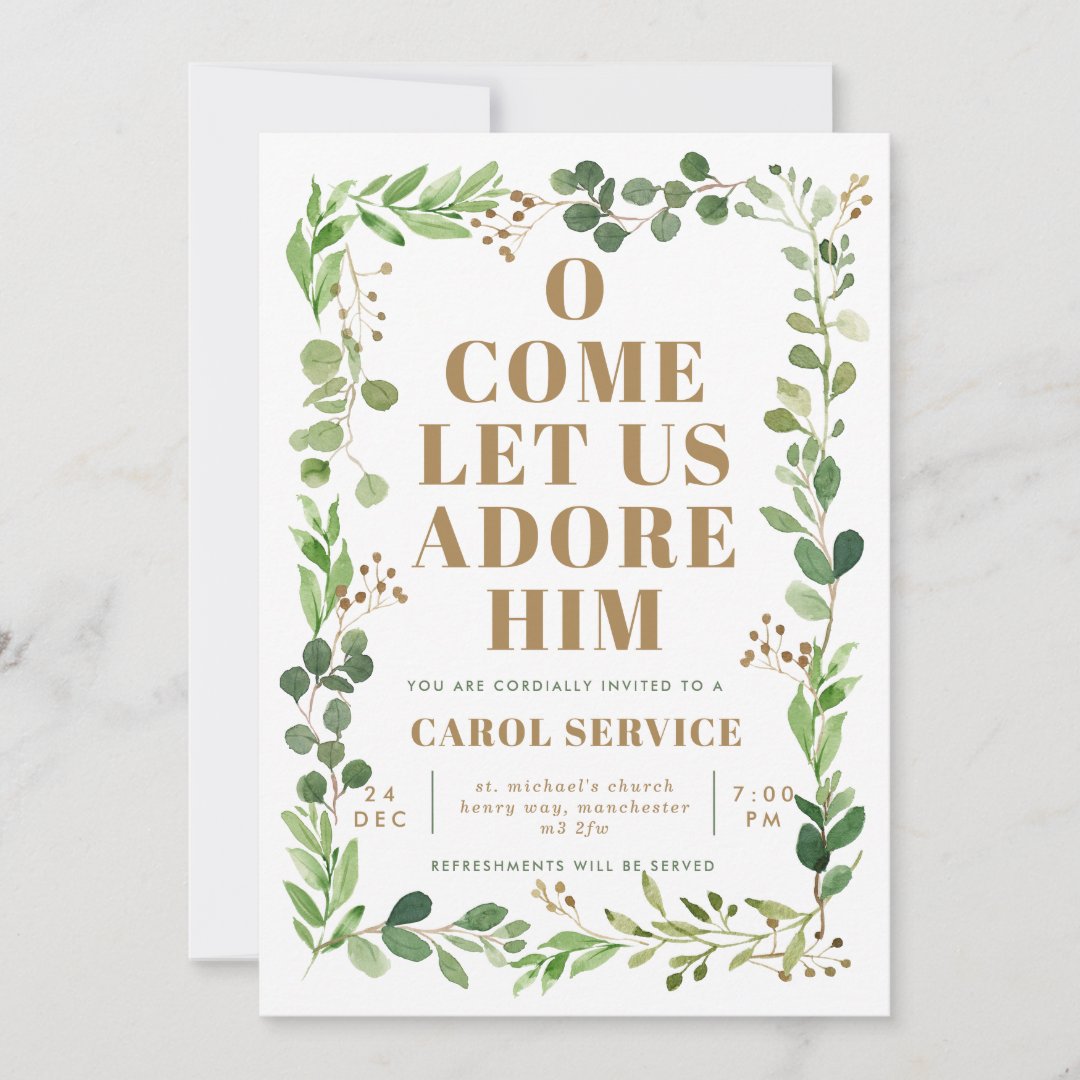Watercolor Greenery Church Christmas Carol Service Invitation | Zazzle