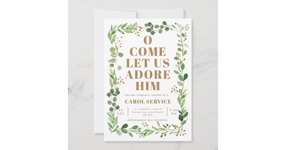 Watercolor Greenery Church Christmas Carol Service Invitation | Zazzle
