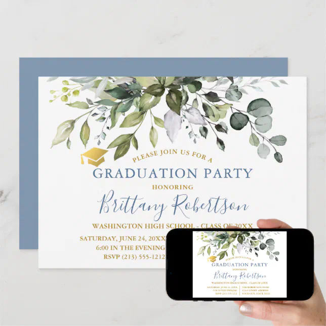 Watercolor Greenery Dusty Blue Graduation Party Invitation | Zazzle