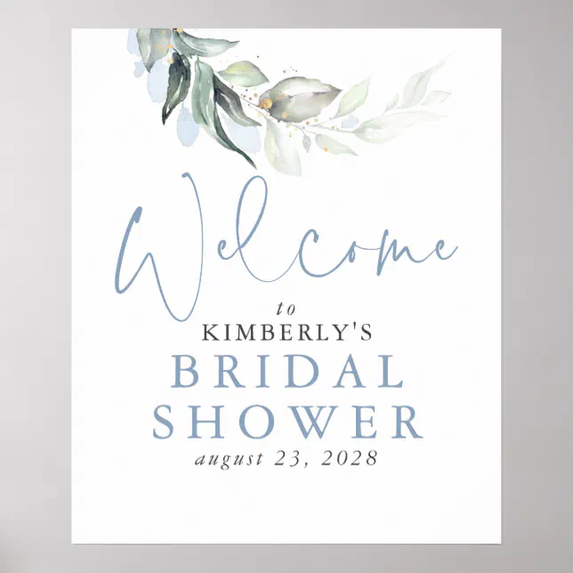 Watercolor Greenery Dusty Blue Welcome Sign | Zazzle