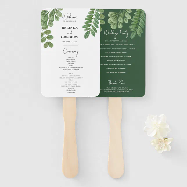 Watercolor Greenery Emerald Green Wedding Program Hand Fan | Zazzle