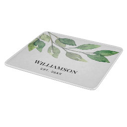 Watercolor Greenery Family Name Cutting Board | Zazzle