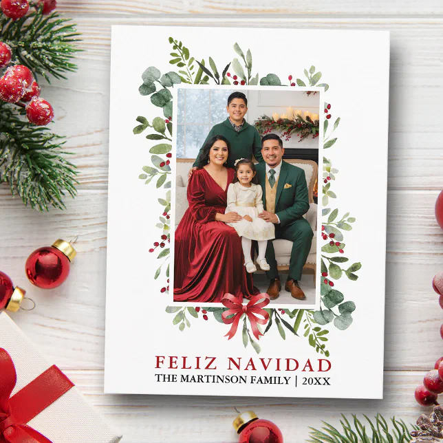 Watercolor Greenery Feliz Navidad Red Bow Postcard | Zazzle