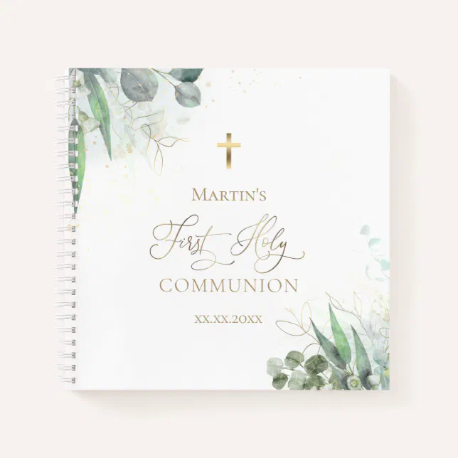 watercolor greenery | First Communion Guest Book | Zazzle