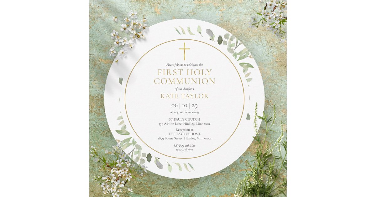 Watercolor Greenery First Holy Communion Circular Invitation | Zazzle