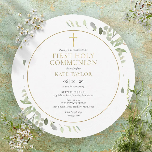 Watercolor Greenery First Holy Communion Circular Invitation | Zazzle