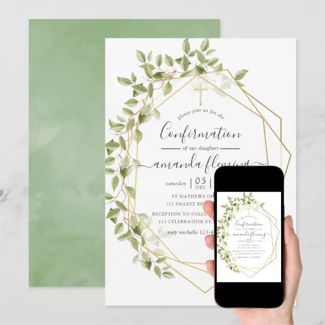 Watercolor Greenery Geometric Confirmation Invitation | Zazzle