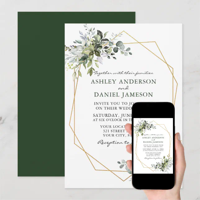 Watercolor Greenery Geometric Frame Wedding Invitation | Zazzle