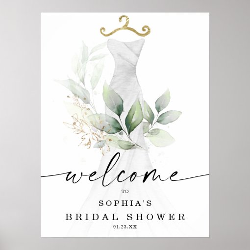Watercolor Greenery Gold Bridal Shower Welcome Poster | Zazzle