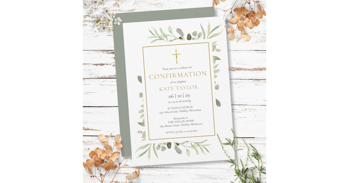 Watercolor Greenery Gold Confirmation Invitation | Zazzle